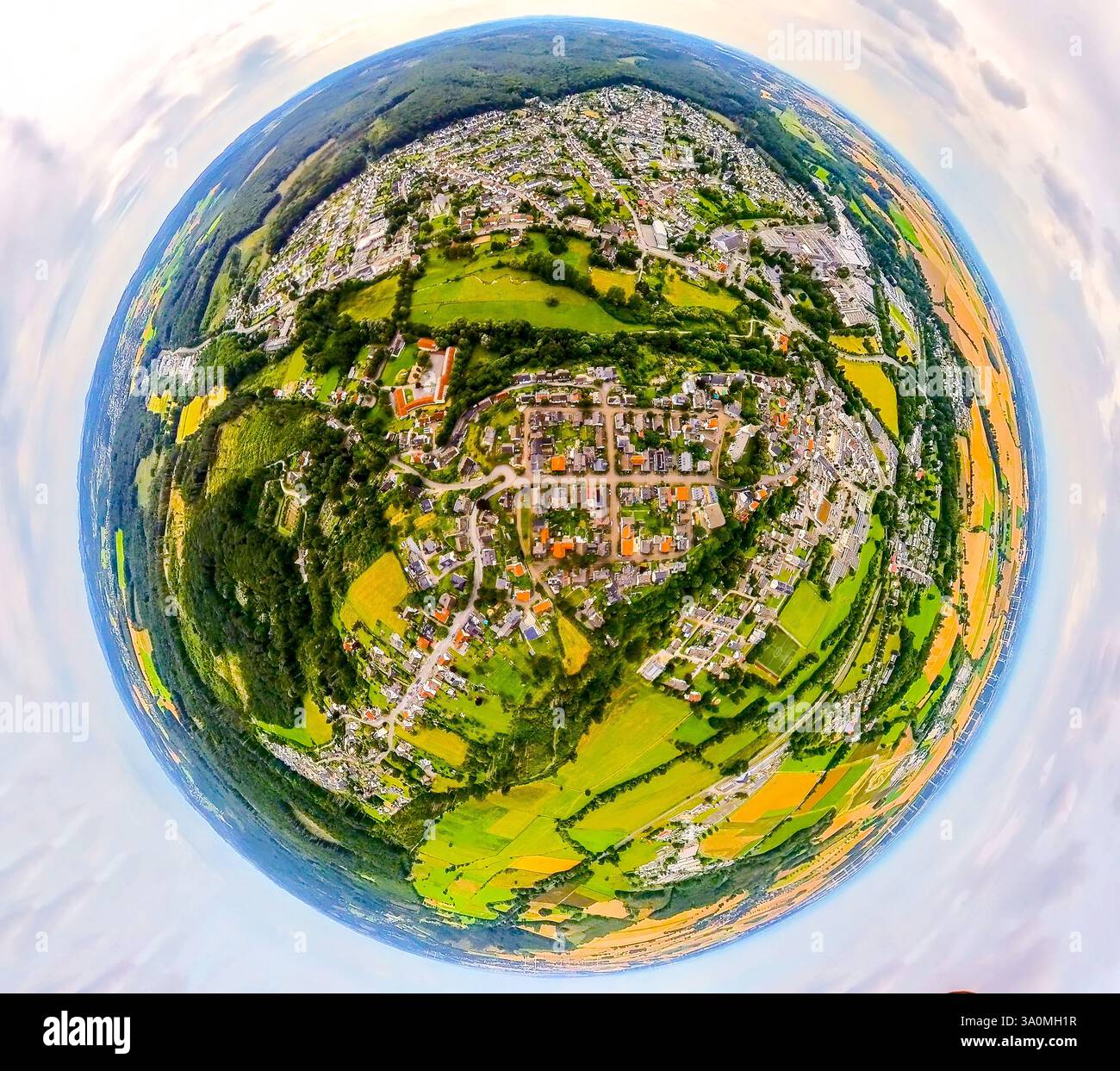 Aerial view, residential area, view of Belecke, earth globe, fisheye ...