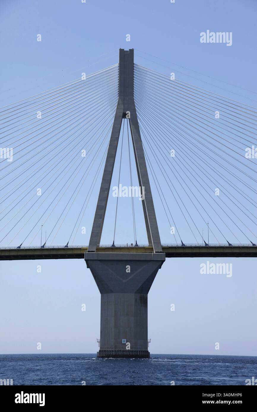 Majestic Rio–Antirrio Bridge pylons rising over the Gulf of Corinth in ...