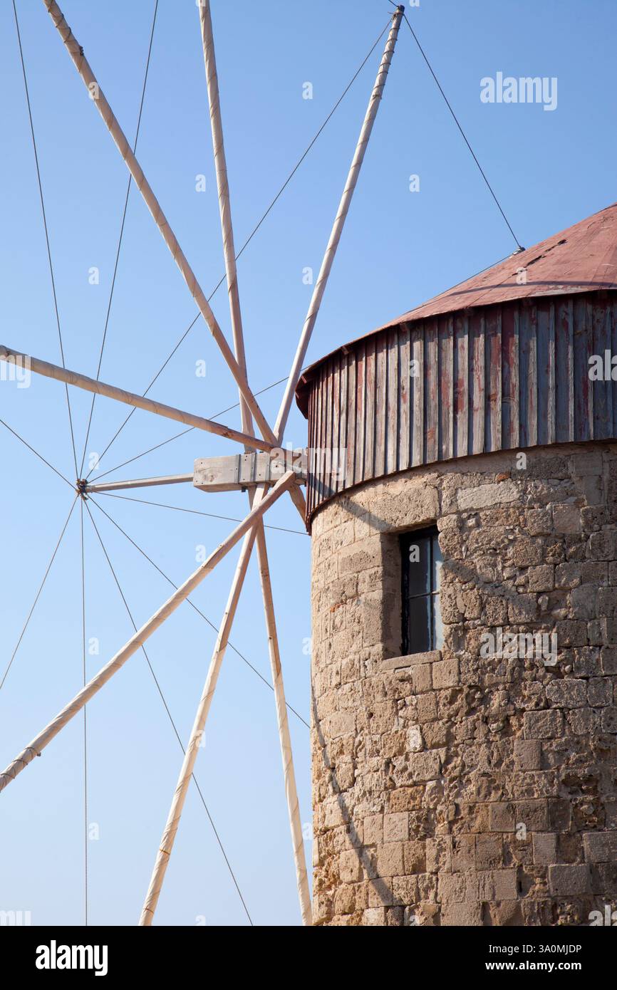 Historic stone windmill close-up in the harbor of Rhodes, Greece Stock ...