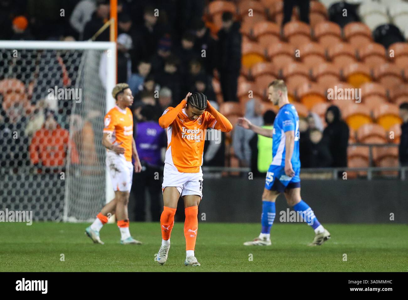 Blackpool, UK. 04th Mar, 2025. Samuel Silvera of Blackpool reacts ...
