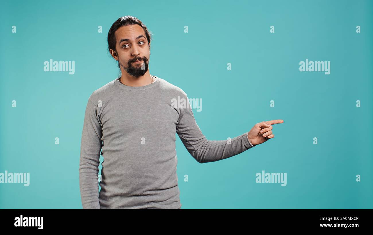 Salesman pointing around with finger, doing recommendation, talking ...