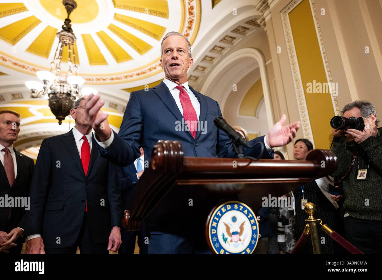 Senate Majority Leader John Thune (R-SD) speaking at a press conference at the U.S. Capitol in ...