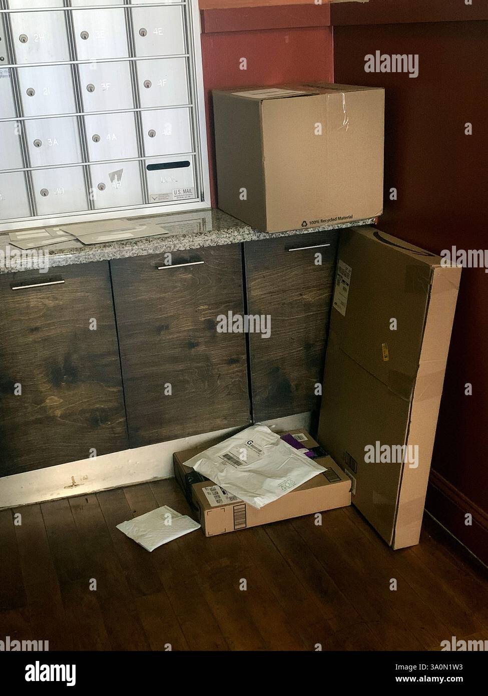 Packages delivered to apartment building lobby, Brooklyn, New York, USA ...