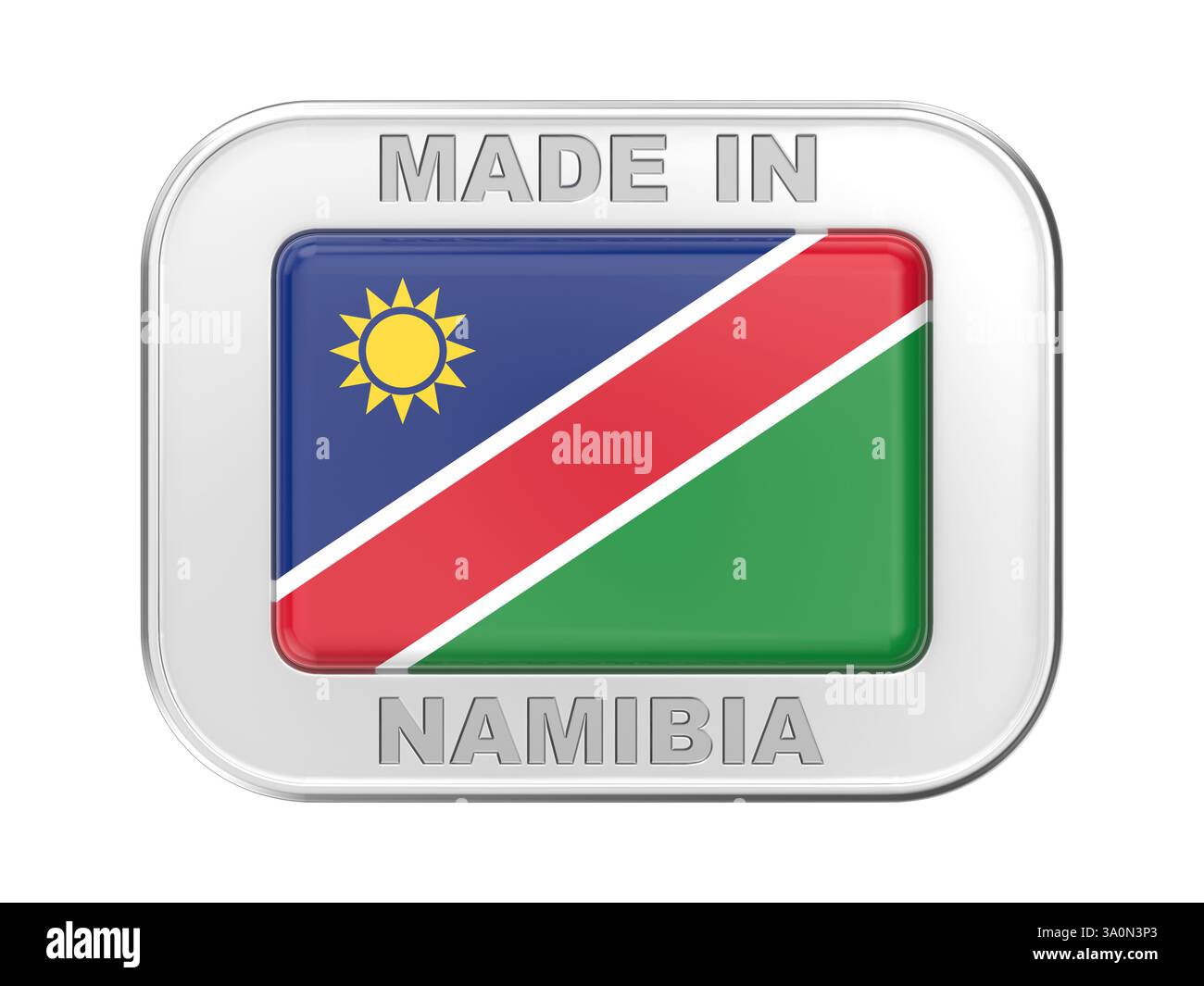 Made in Namibia, silver badge with the flag of Namibia Stock Photo - Alamy