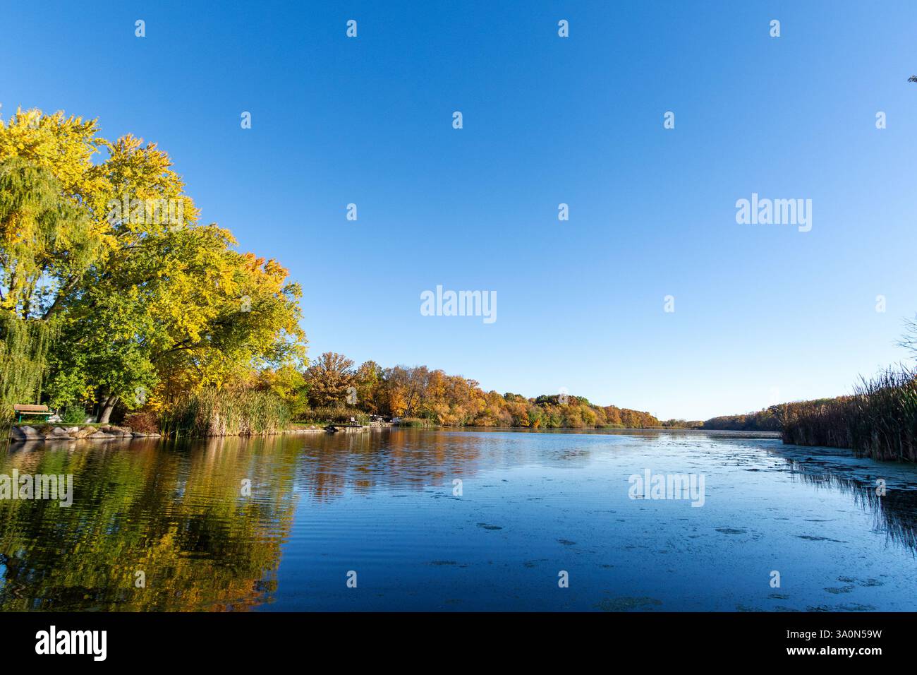 The late October sun highlights the fall foliage as a bench overlooks a ...