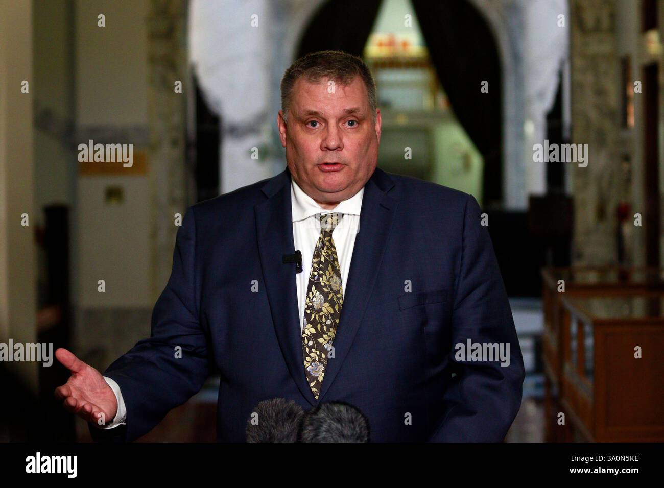 B.C. Conservative MLA Peter Milobar reacts to the budget during a press ...