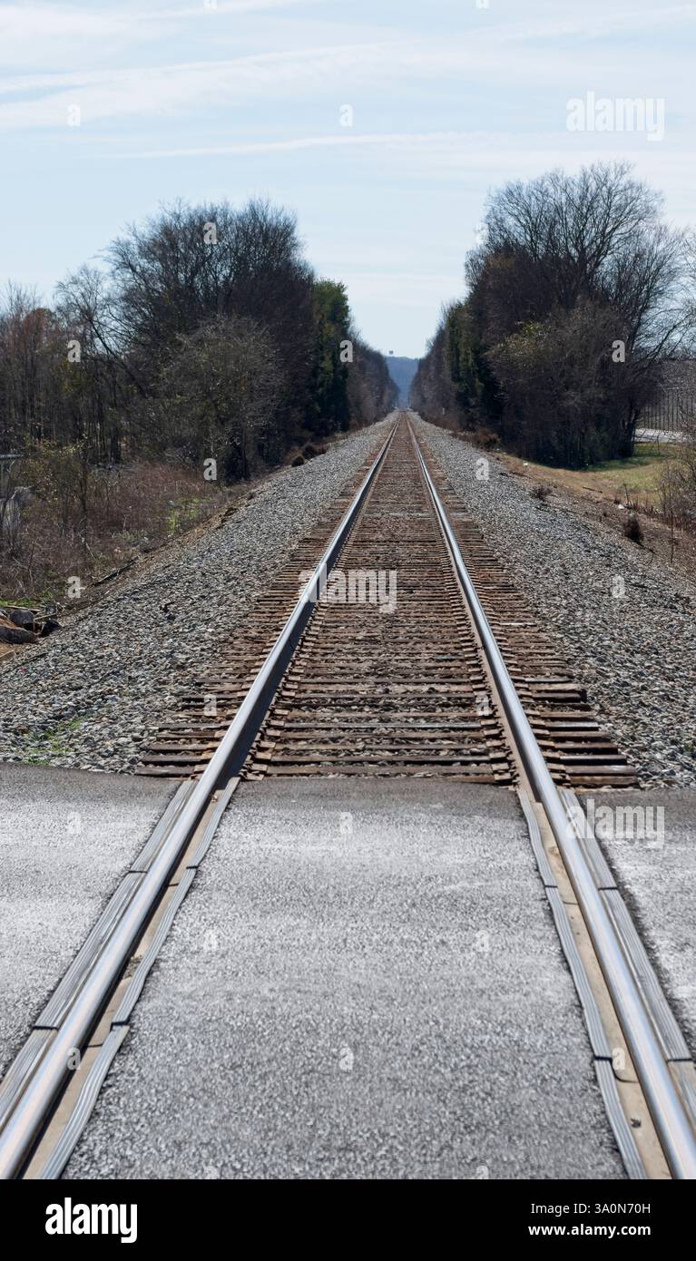 Looking down a railroad track from the center at a crossing Stock Photo ...
