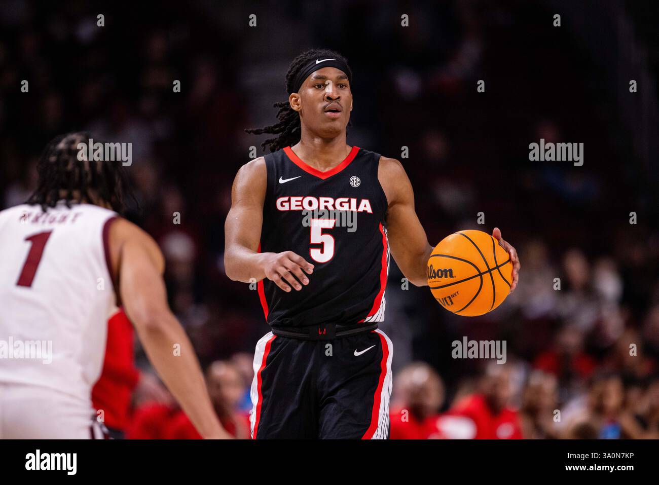 March 4, 2025: Georgia Bulldogs guard Silas Demary Jr. (5) brings the ...