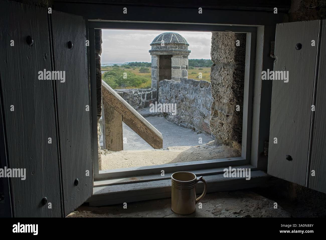 Fort Matanzas coquina masonry watchtower view through window frame ...