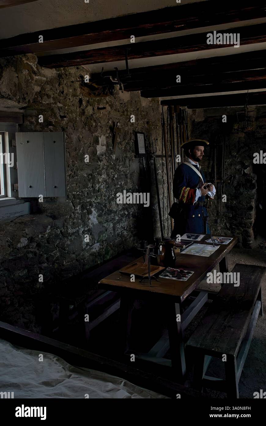Volunteer in 18th century military costume reenact history at coquina ...