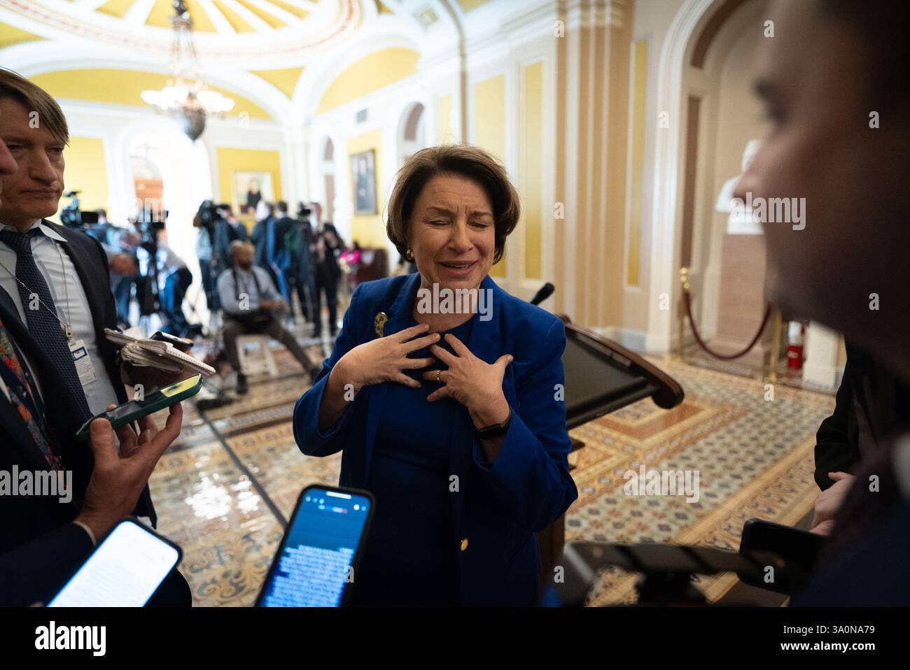 Usa. 4th Mar, 2025. Sen. AMY KLOBUCHAR (D-MN), answers reporters' questions after the Senate ...