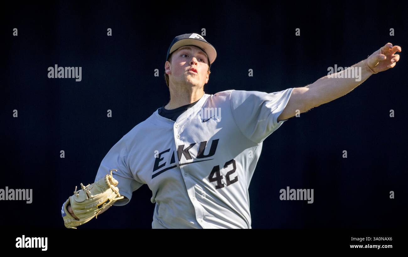 EKU pitcher Addison Stockham (42) warms up before an NCAA baseball game ...