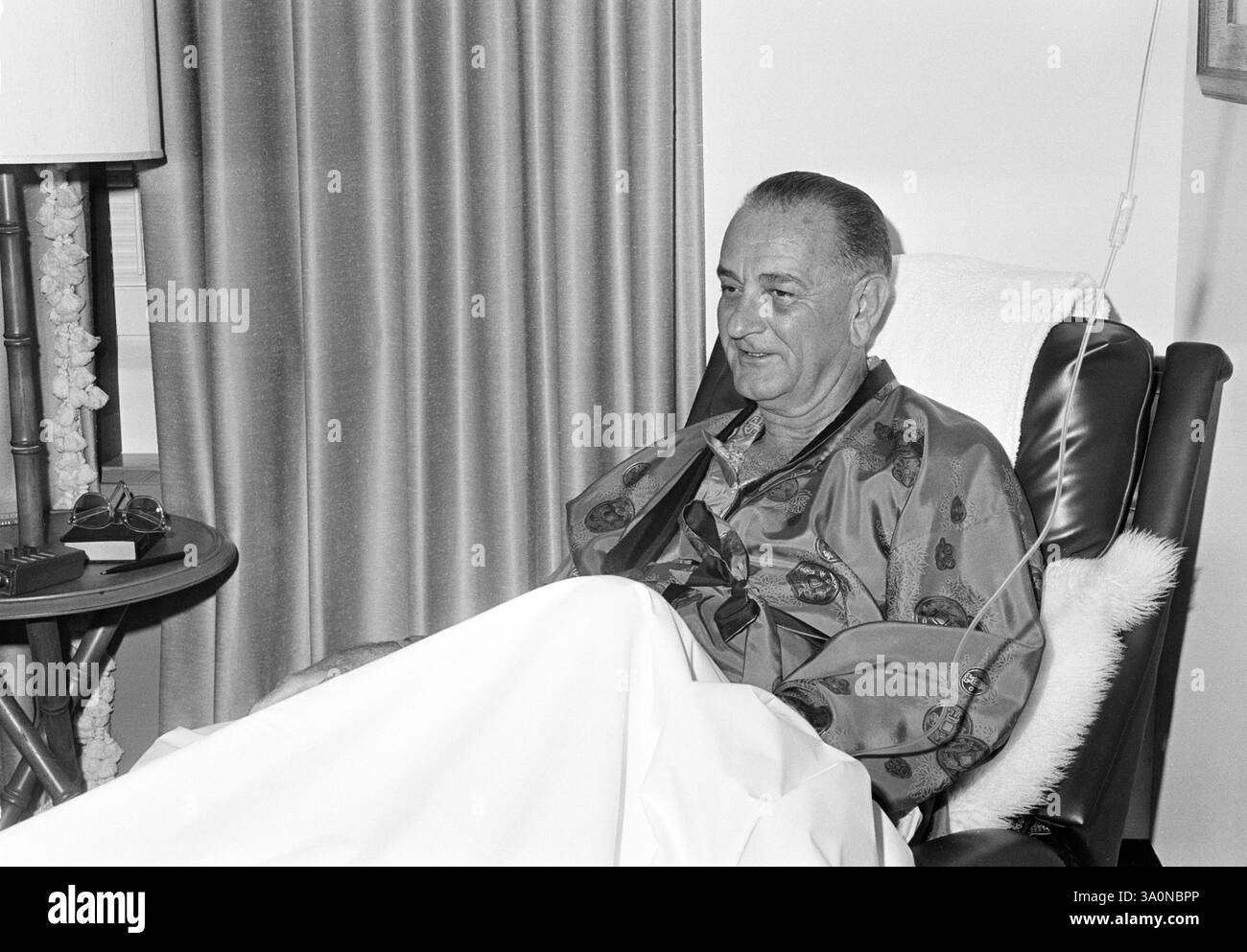 President Lyndon Johnson sits in his room at Bethesda Naval Hospital in ...