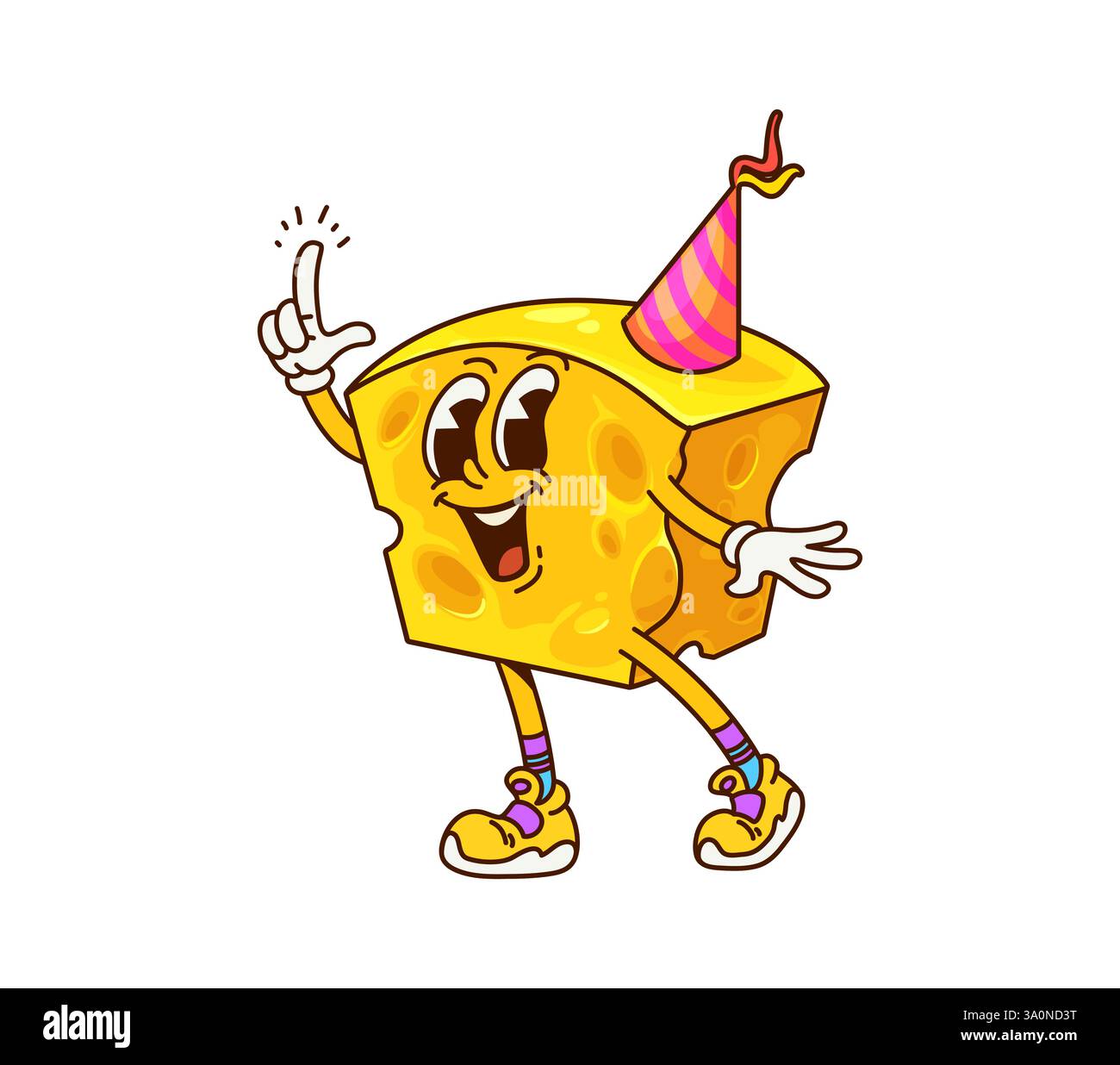 Groovy cheese character in party hat pointing up. Isolated cartoon ...