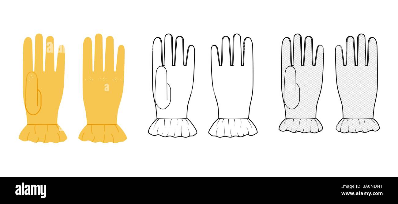 Set of Gloves With Ruffled Cuff yellow cartoon, mesh and sketch outline ...