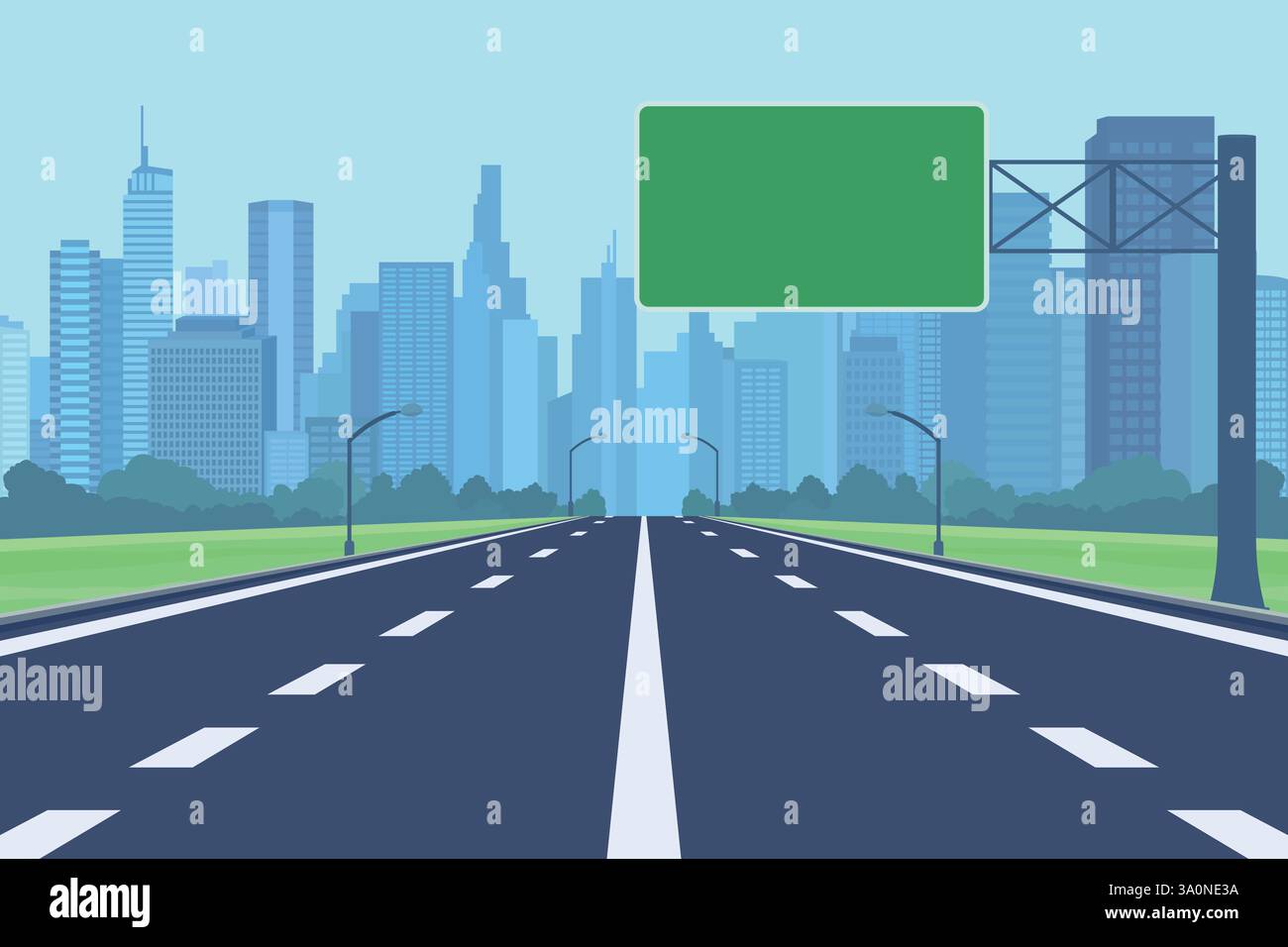 Flat Vector Highway Entering Modern City With Skyscrapers. Scenic Urban ...