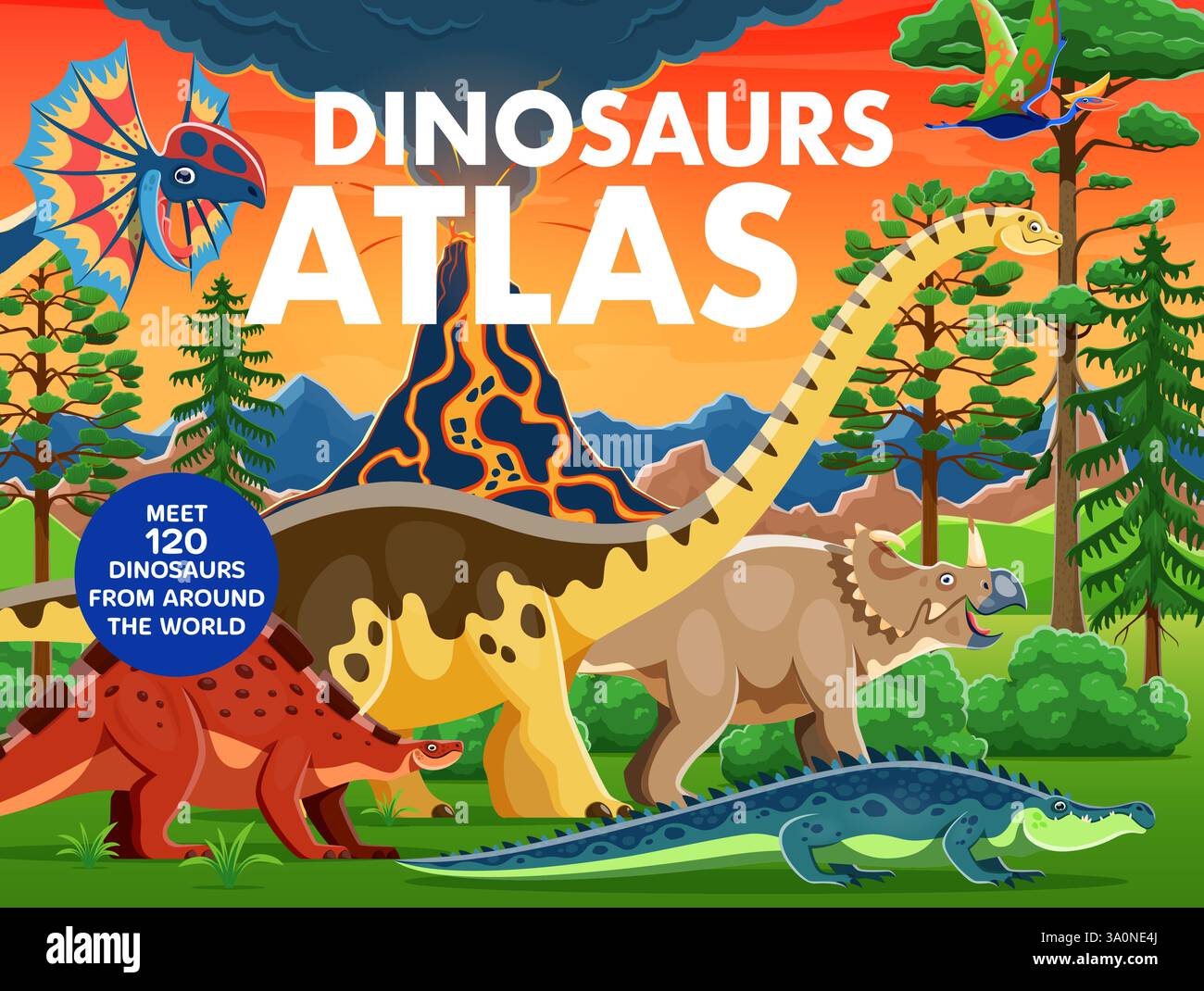 Atlas book cover with prehistoric dinosaur characters and landscape ...