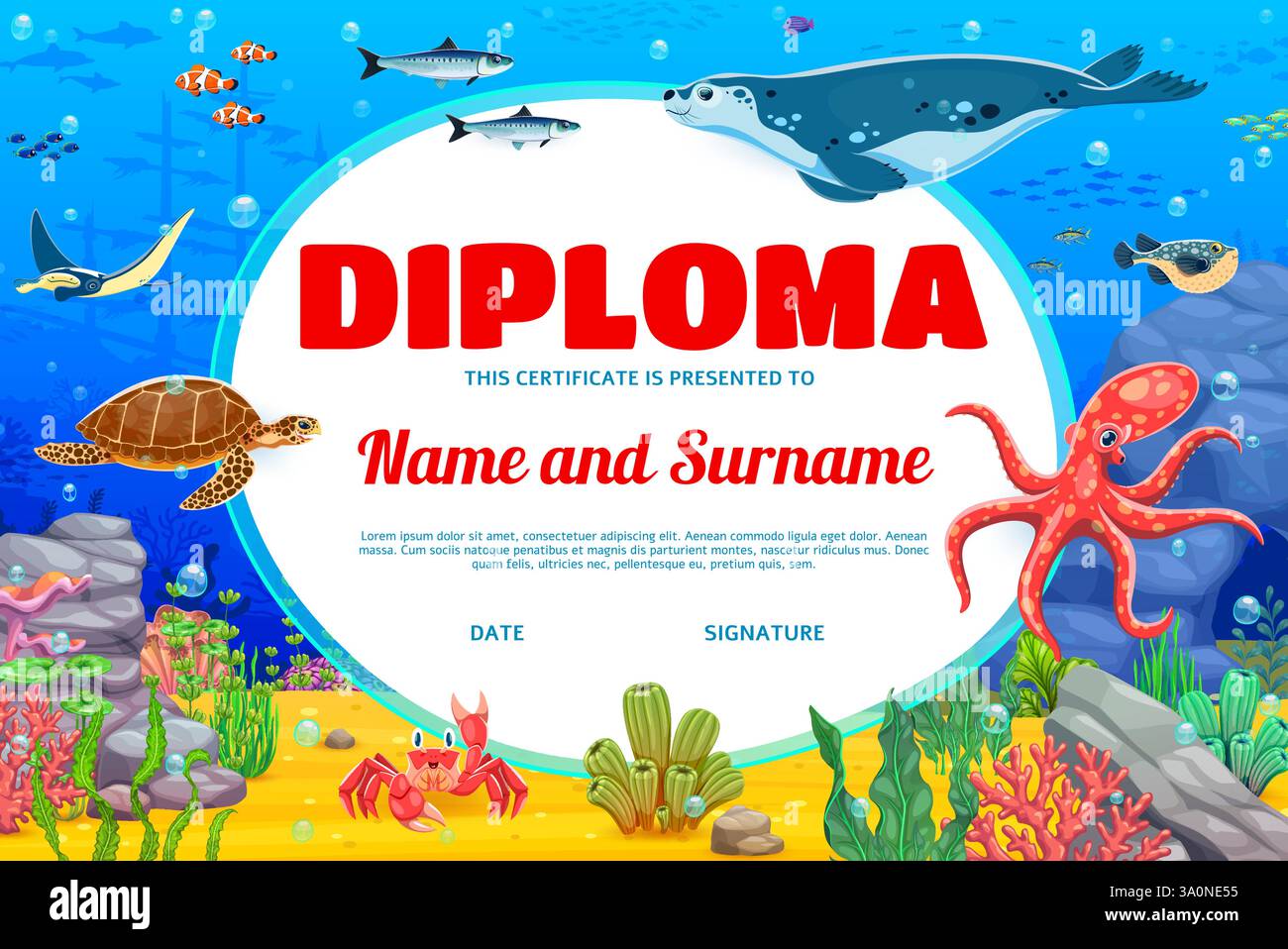 Kids diploma with sea animals and underwater landscape. Kids ...