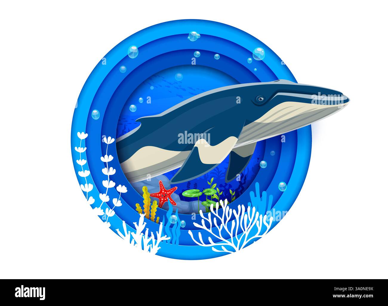 Paper cut ocean day banner with big whale in water of coral reef ...
