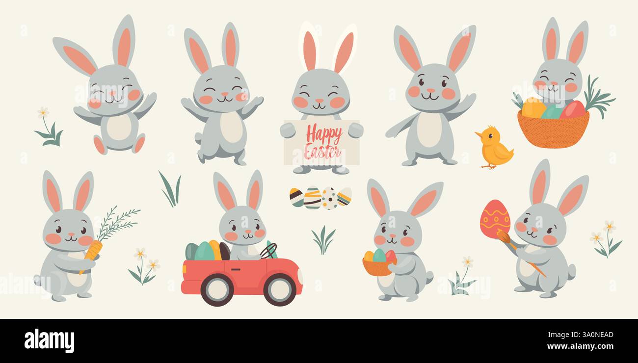 Cute Easter Bunny Vector Set, Rabbits Holding Eggs, Driving a Car ...
