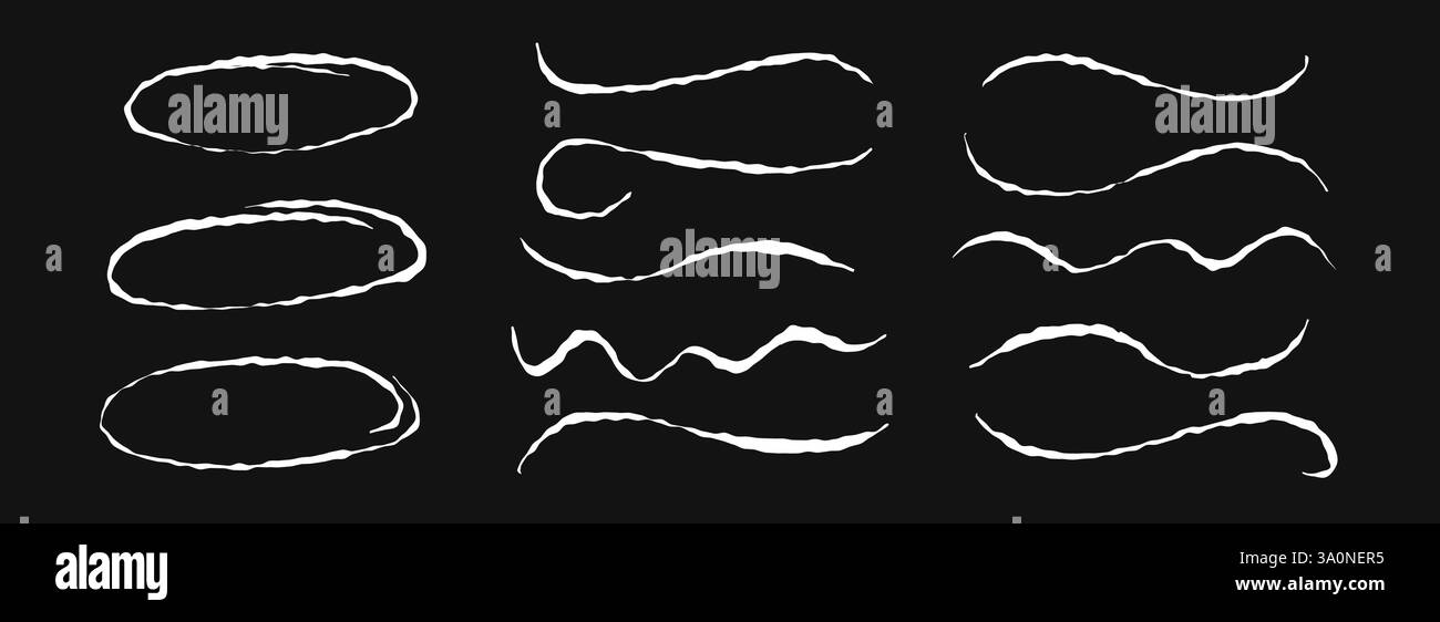 Hand drawn chalk circles and lines set. White pastel underlines and ...