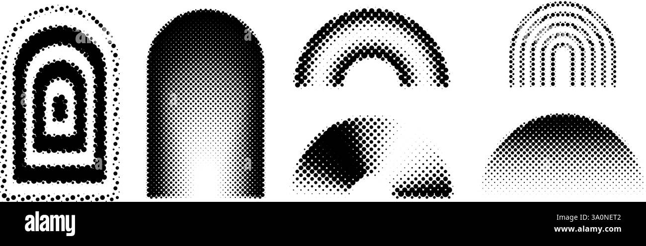 Black halftone arch set. Different pixelated gradient arc collection. Dotted pop art curve ...