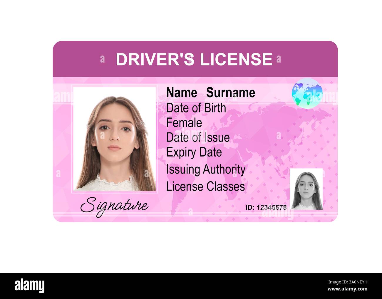Driver's license with photo of woman and world map illustration ...