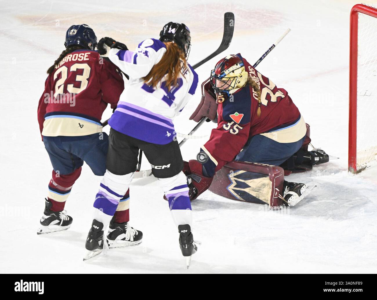 Minnesota Frost's Dominique Petrie (14) moves in on Montreal Victoire ...