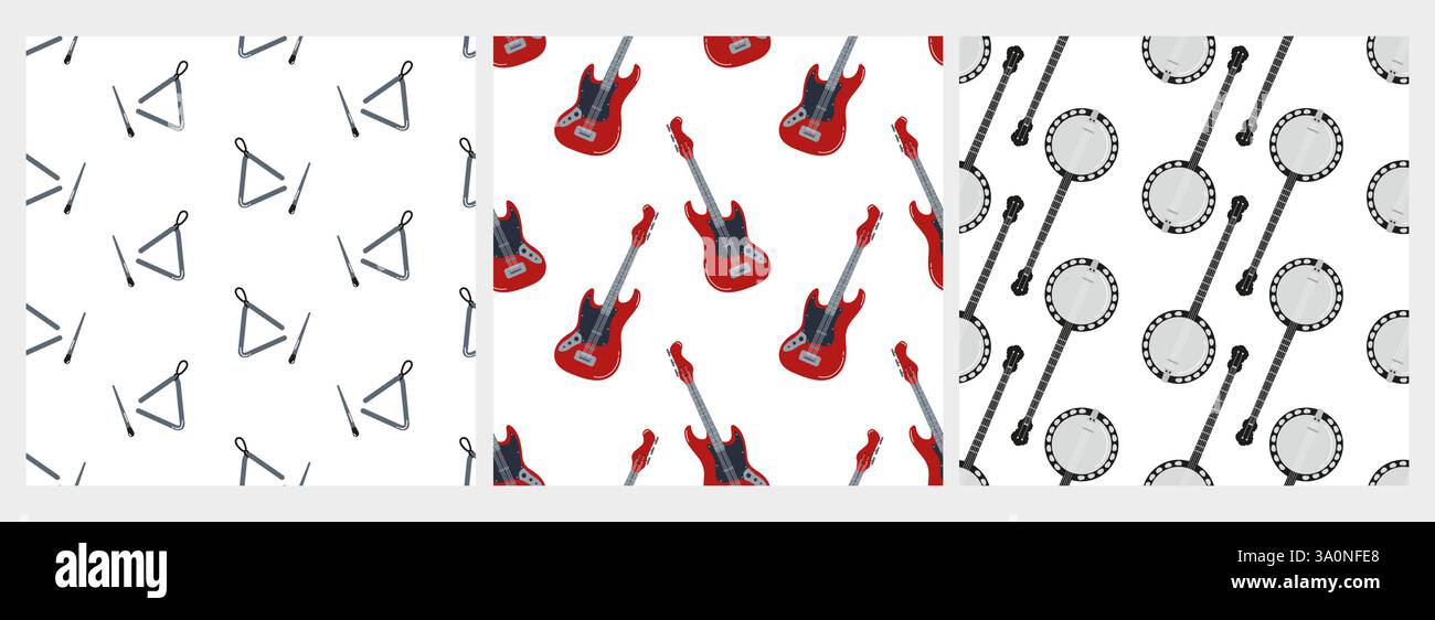 Patterns featuring musical instruments and geometric shapes in vibrant ...