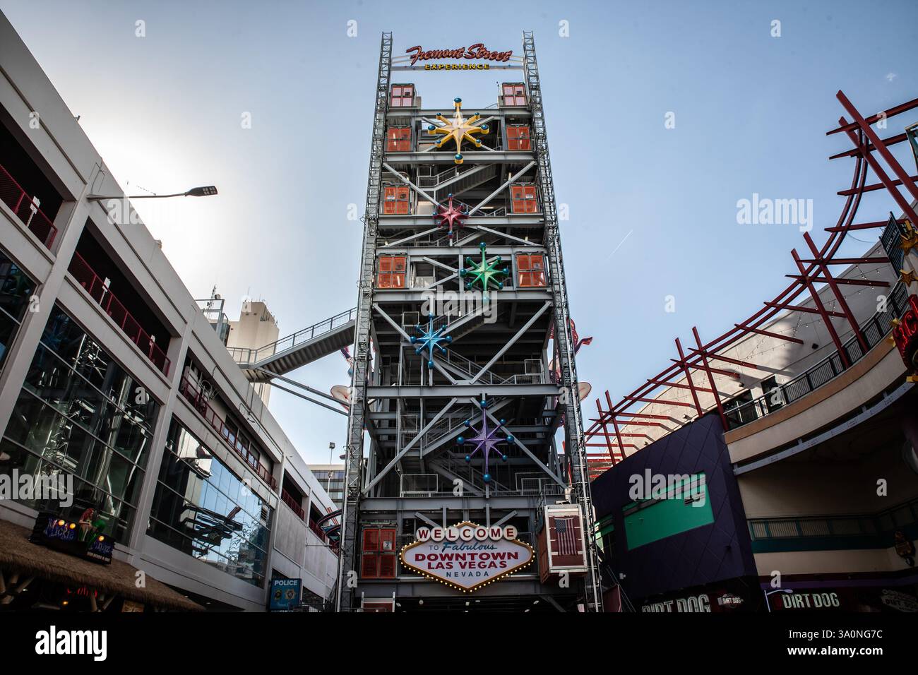 LAS VEGAS, AUGUST 21, 2024: Fremont Street’s SlotZilla zipline tower ...