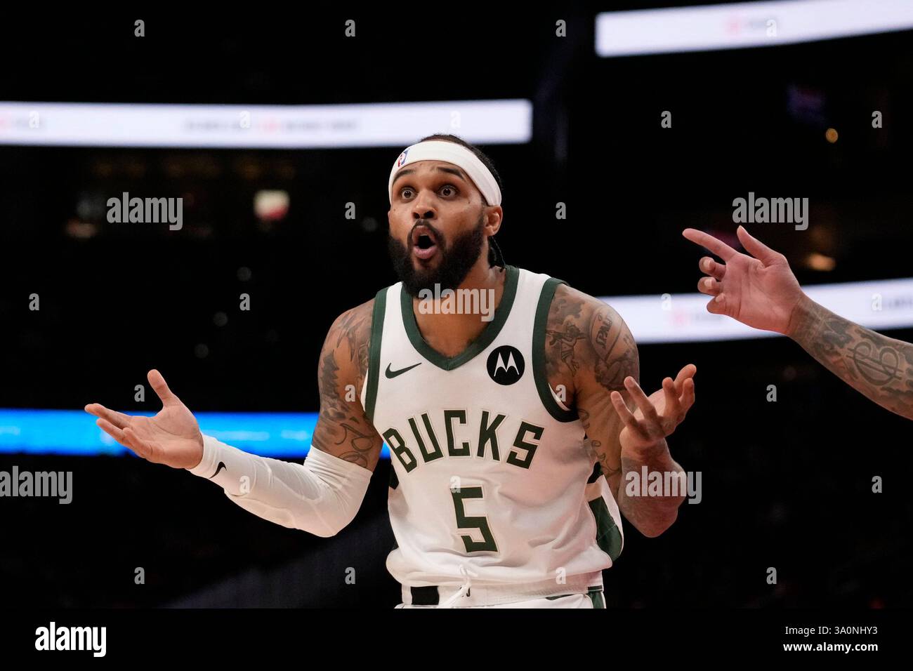 Milwaukee Bucks guard Gary Trent Jr. (5) reacts to a foul in the first ...
