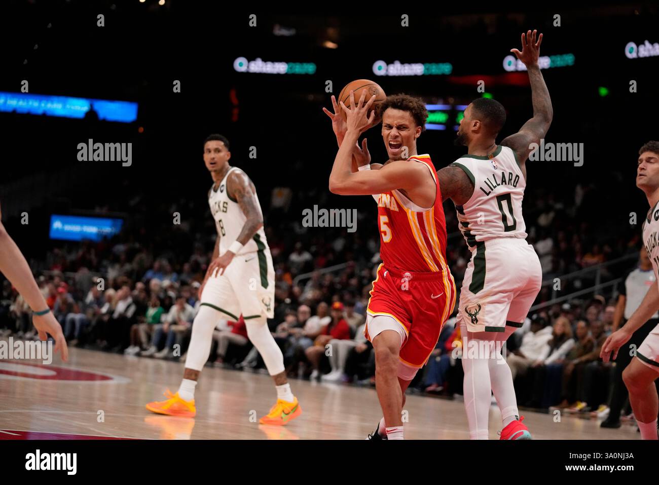 Atlanta Hawks guard Dyson Daniels (5) tries to shoot against Milwaukee ...