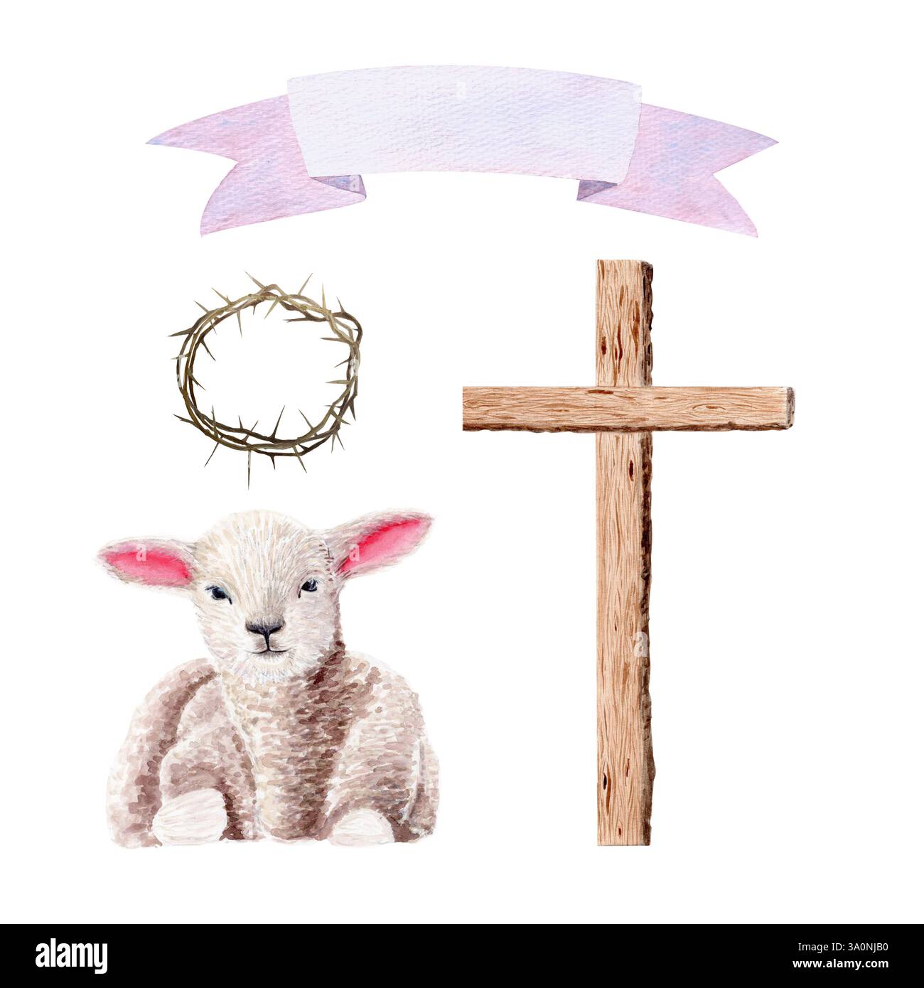 Wooden cross, lamb , a crown of thorns and ribbon banner watercolor set ...