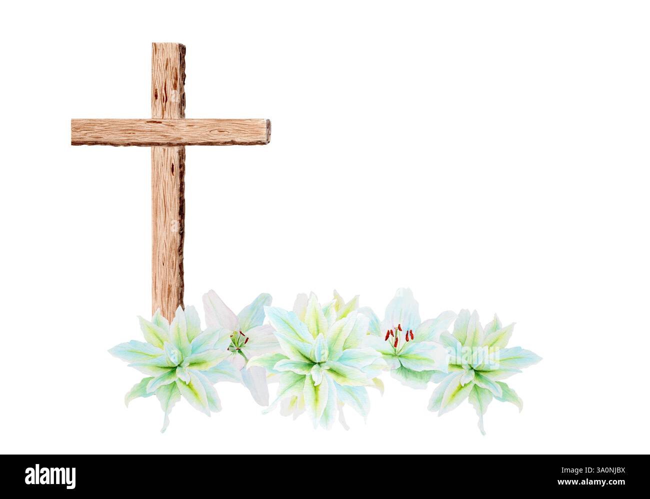 Cross with white lily garland watercolor composition isolated on white ...