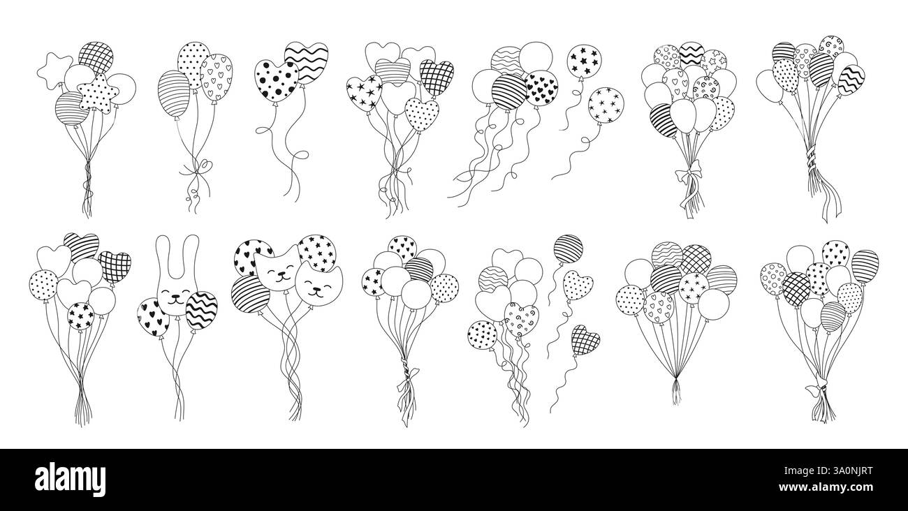 Bundle balloons set illustration. Doodle linear various shaped and ...