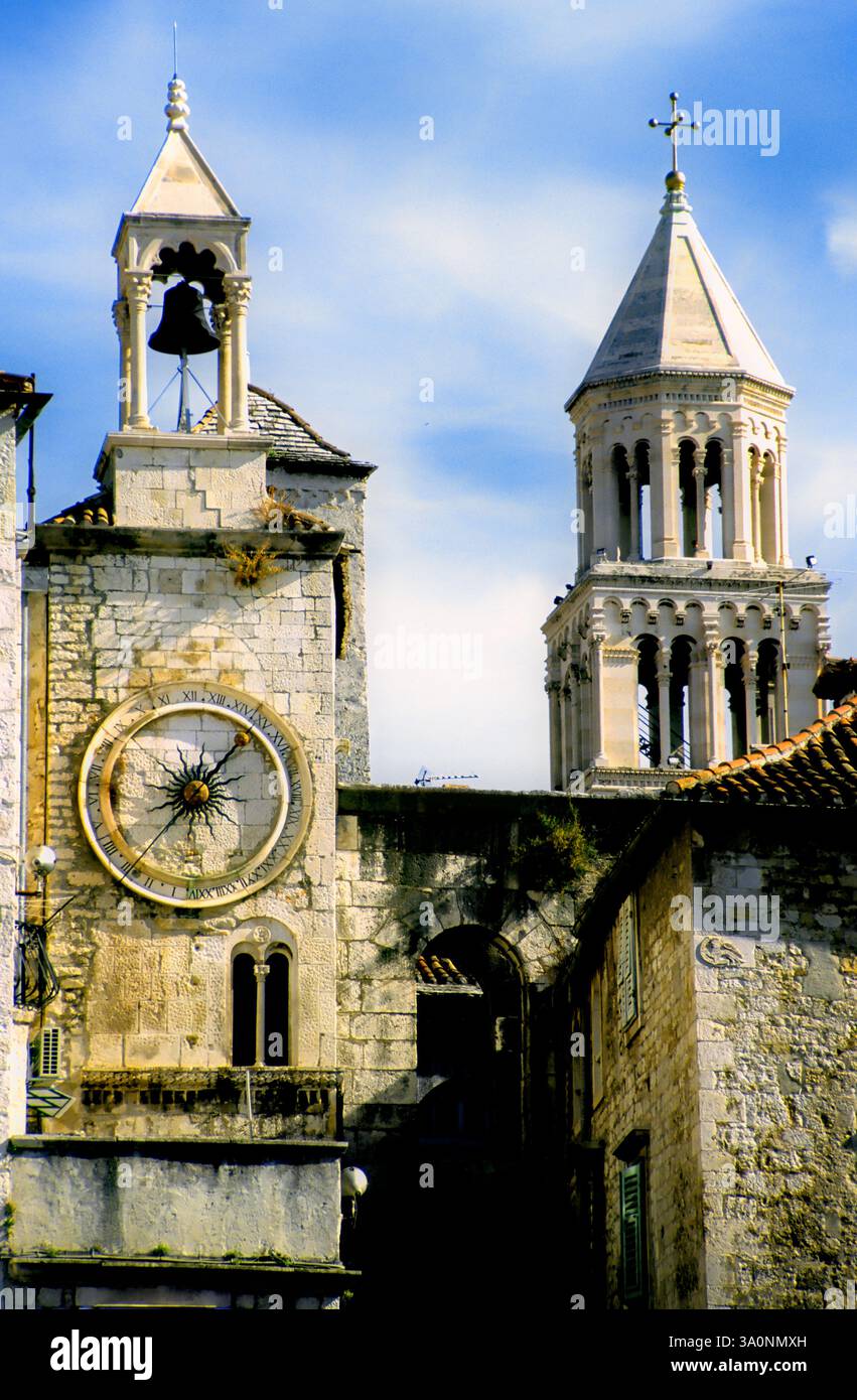 Romanesque tower with the town clock, 15th century, Split, Croatia ...