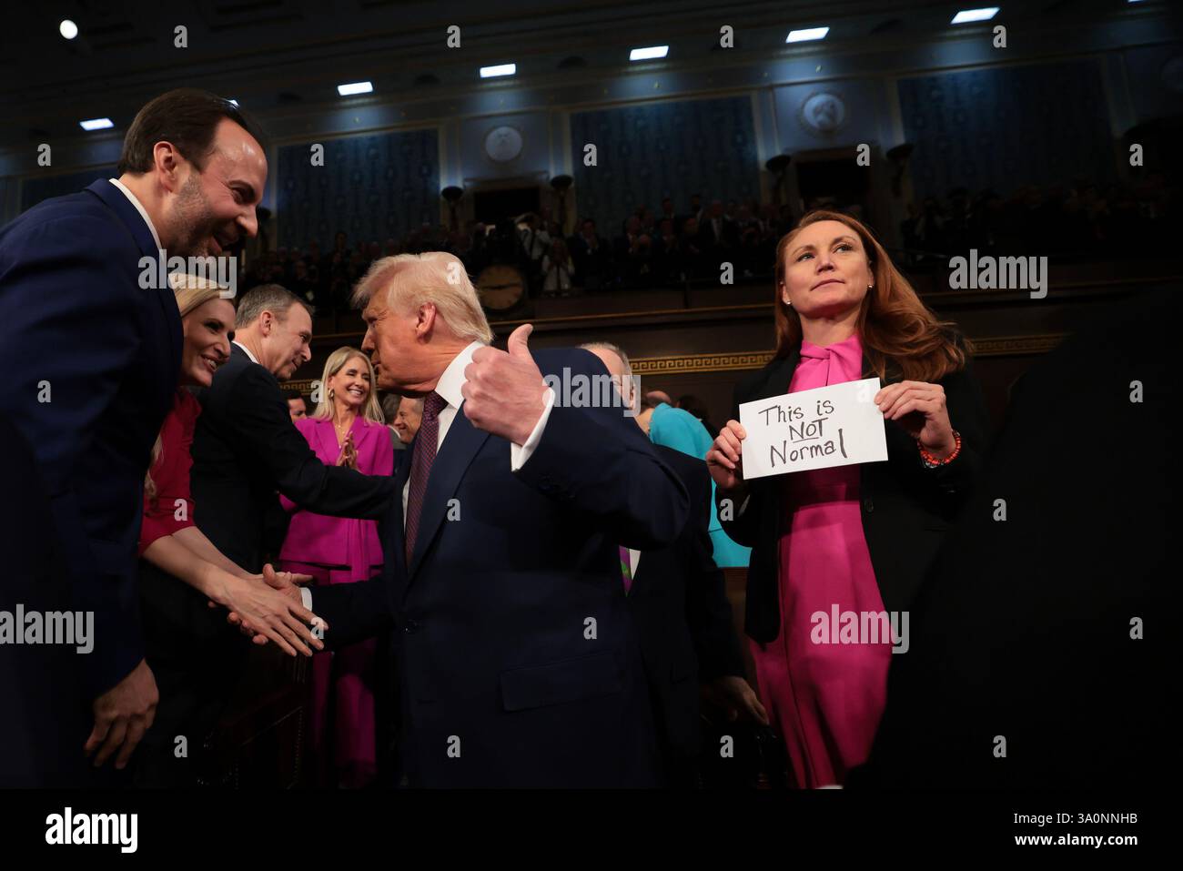 Rep. Melanie Stansbury (D-NM) holds a sign reading "This is not normal ...