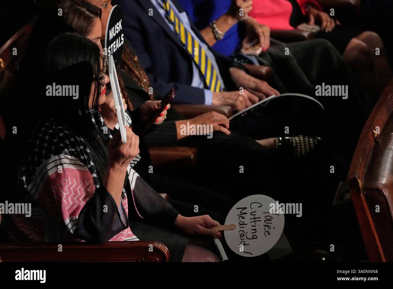 Democrats hold signs as President Donald Trump addresses a joint ...