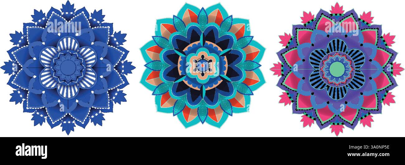 Three vibrant mandala designs with intricate floral details Stock ...
