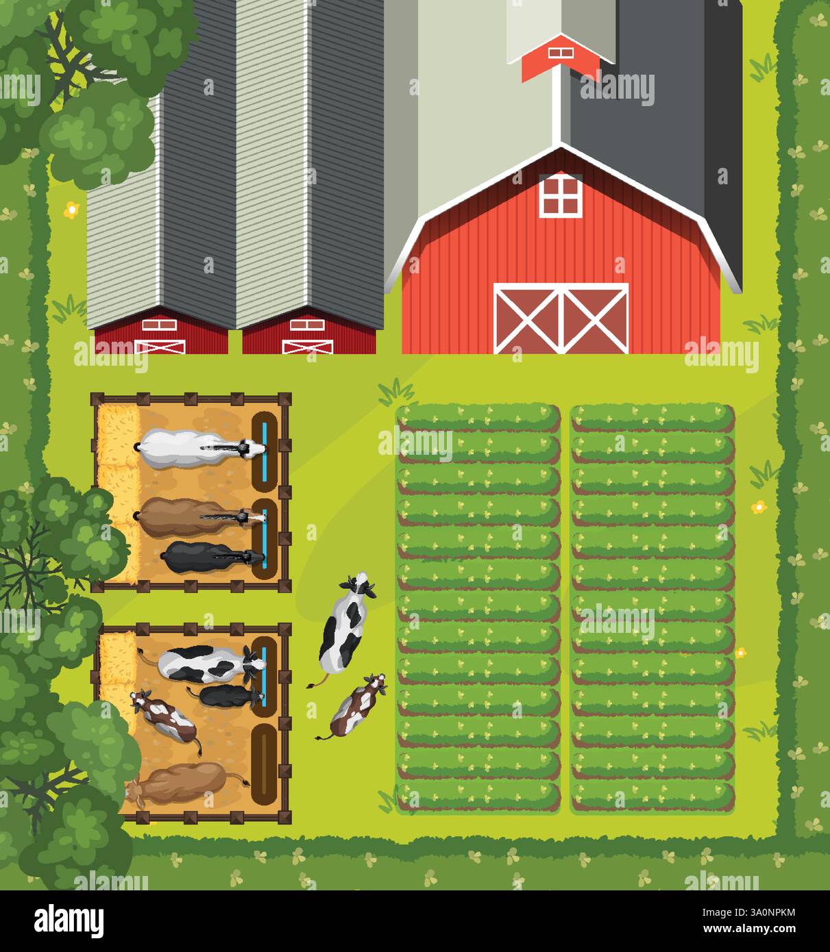 Illustration of barns, fields, and grazing animals Stock Vector Image ...