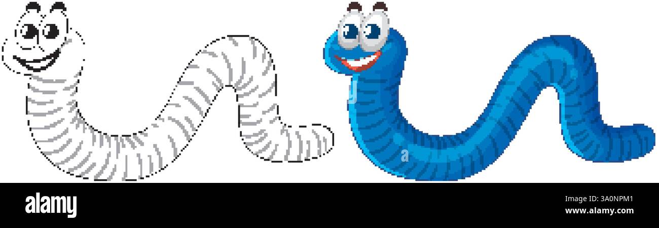 Colorful and outline cartoon worm illustration for children and ...