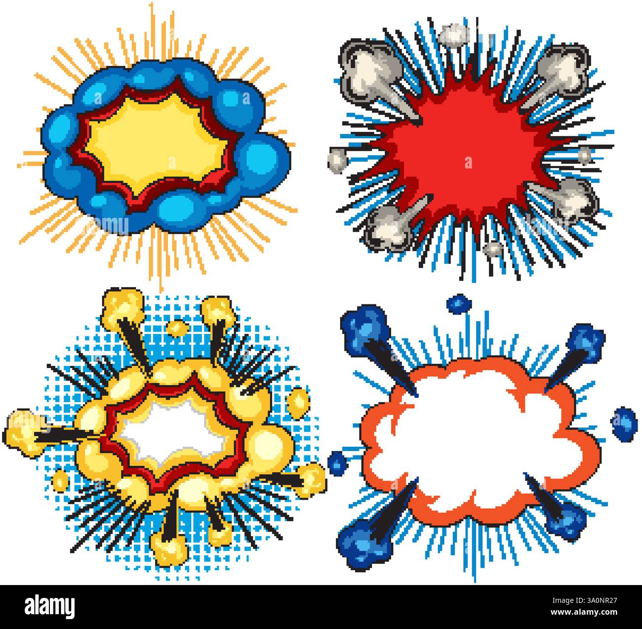 Set of vibrant comic-style explosion speech bubbles with dynamic effects Stock Vector Image ...