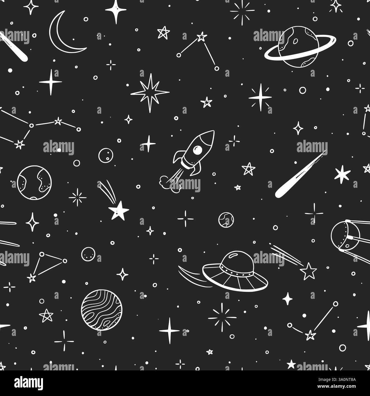 Space star vector seamless pattern. Hand drawn doodle sketch line style ...