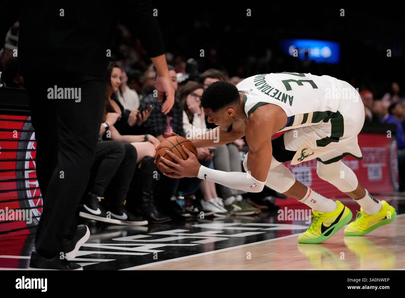 Milwaukee Bucks forward Giannis Antetokounmpo (34) grabs the ball against Atlanta Hawks forward ...