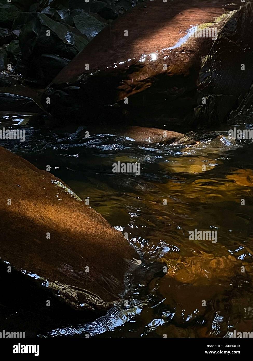 Sunlit river rocks over a flowing stream with light and shadow contrast ...