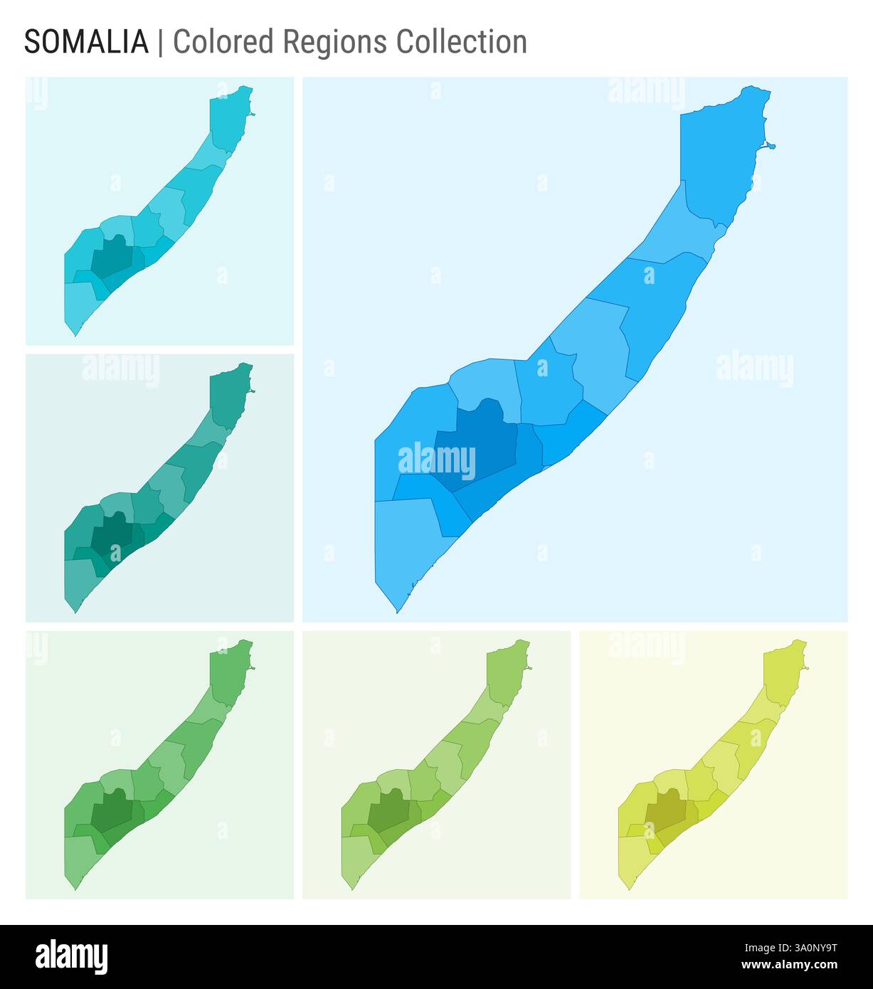 Somalia map collection. Country shape with colored regions. Light Blue ...