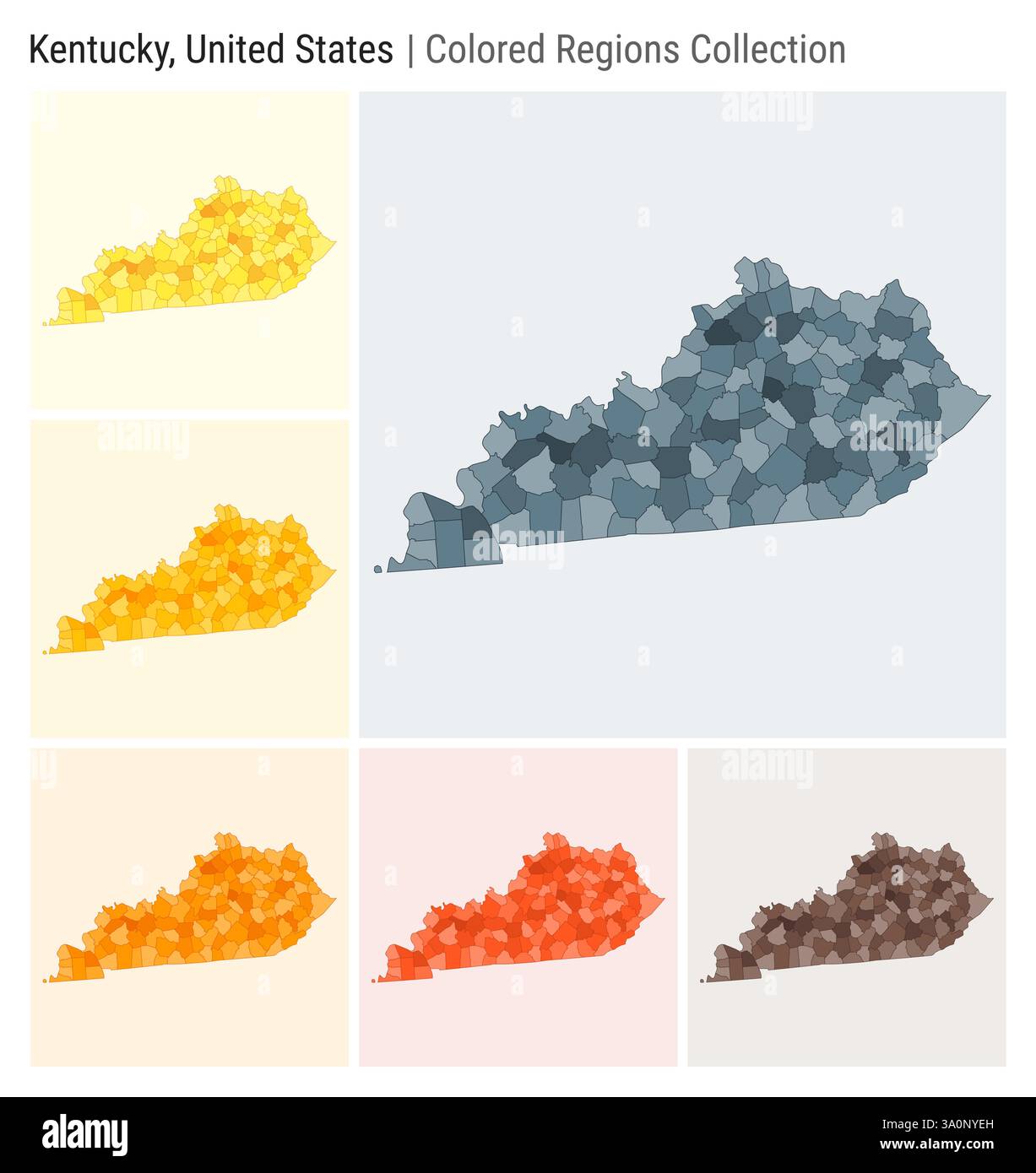 Kentucky, United States. Map collection. State shape. Colored counties ...