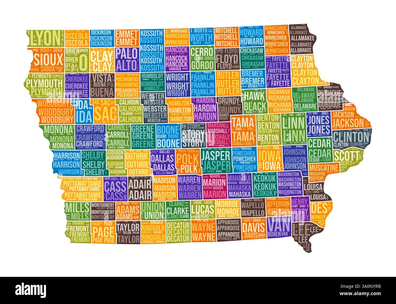 Iowa shape. State word cloud with county division. Iowa colored ...