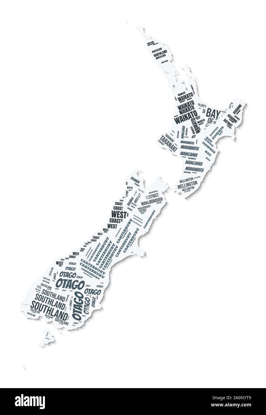 New Zealand shape text cloud. Country border with shadow on white ...