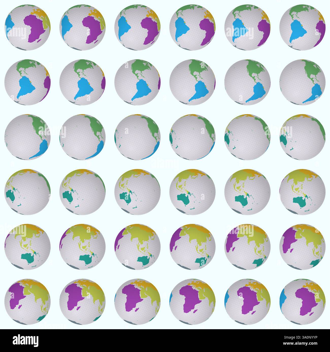 Collection of earth globes. Tilted sphere view. Rotation step 10 ...